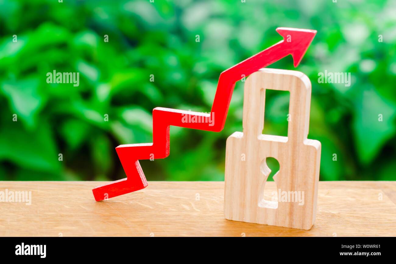 Red up arrow and padlock. Conceptual growth of the level and quality of ...