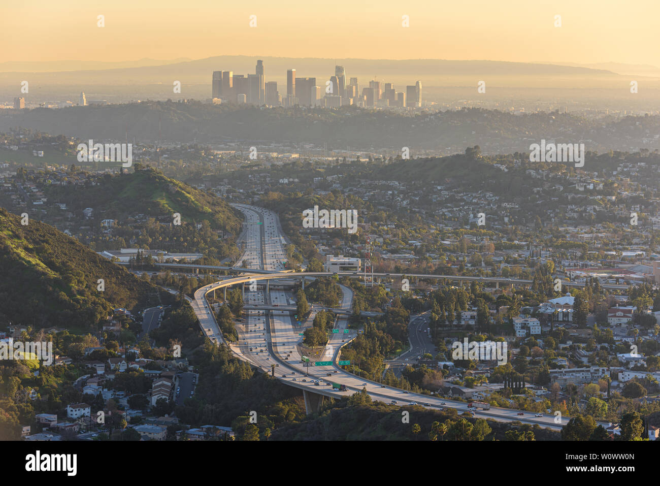 Downtown Los Angeles skyline at sunset Stock Photo - Alamy