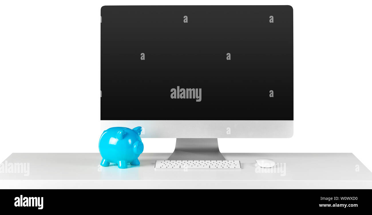 Computer Monitor Black Screen With Keyboard On White Table Education