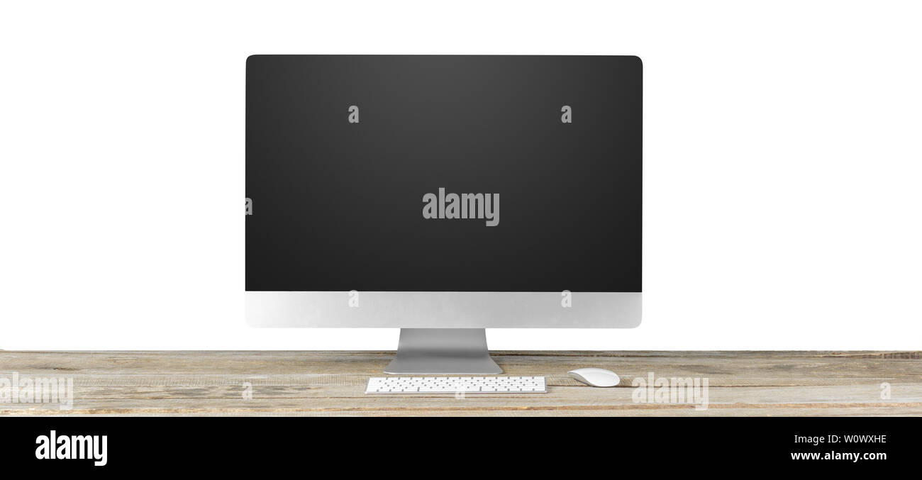 Computer Monitor Black Screen With Keyboard On White Table Education