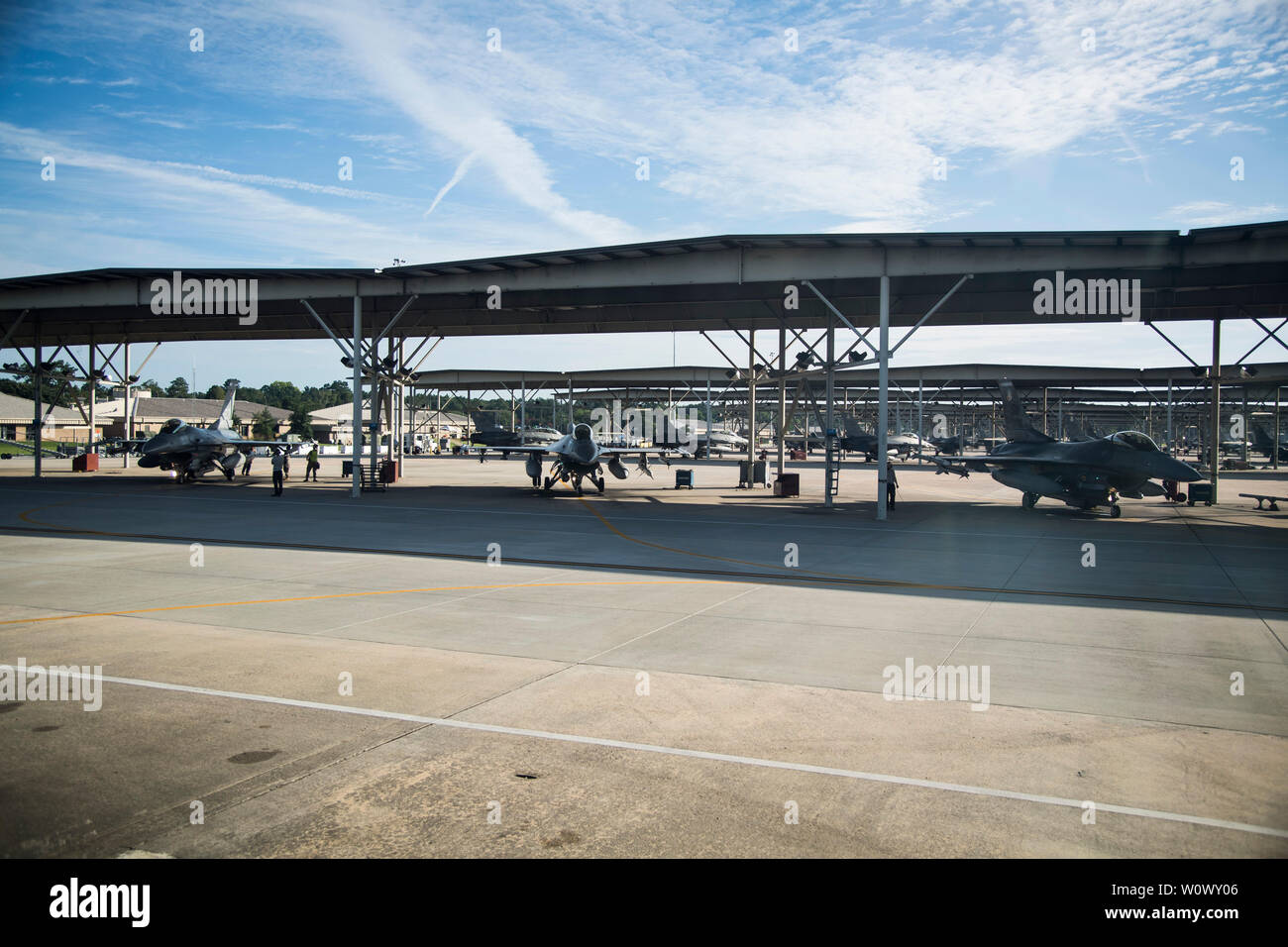 Airmen assigned to the 55th Fighter Squadron, prepare to launch their F ...
