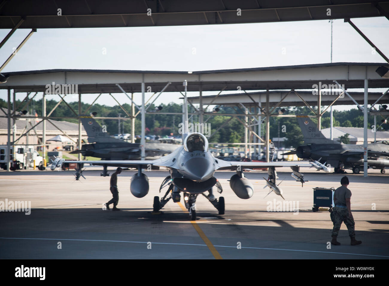 Airmen assigned to the 55th Fighter Squadron, prepare to launch their F ...