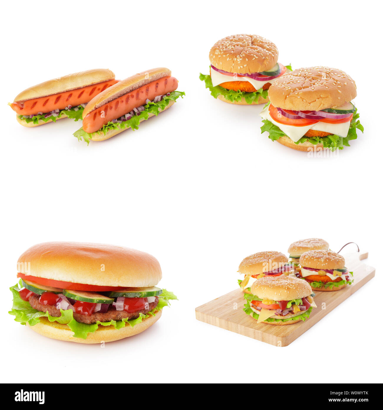 Junk fast food collage of burgers, sandwiches and hot-dogs isolated on ...