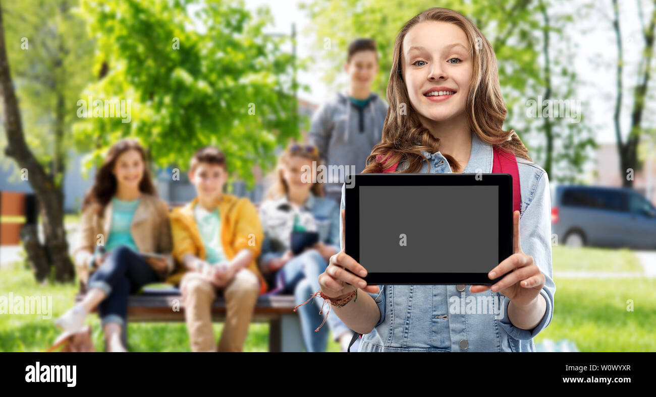 student girl with school bag and tablet computer Stock Photo - Alamy