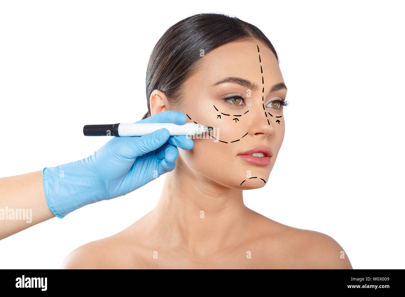 woman with dotted lines on face, cosmetology Stock Photo - Alamy