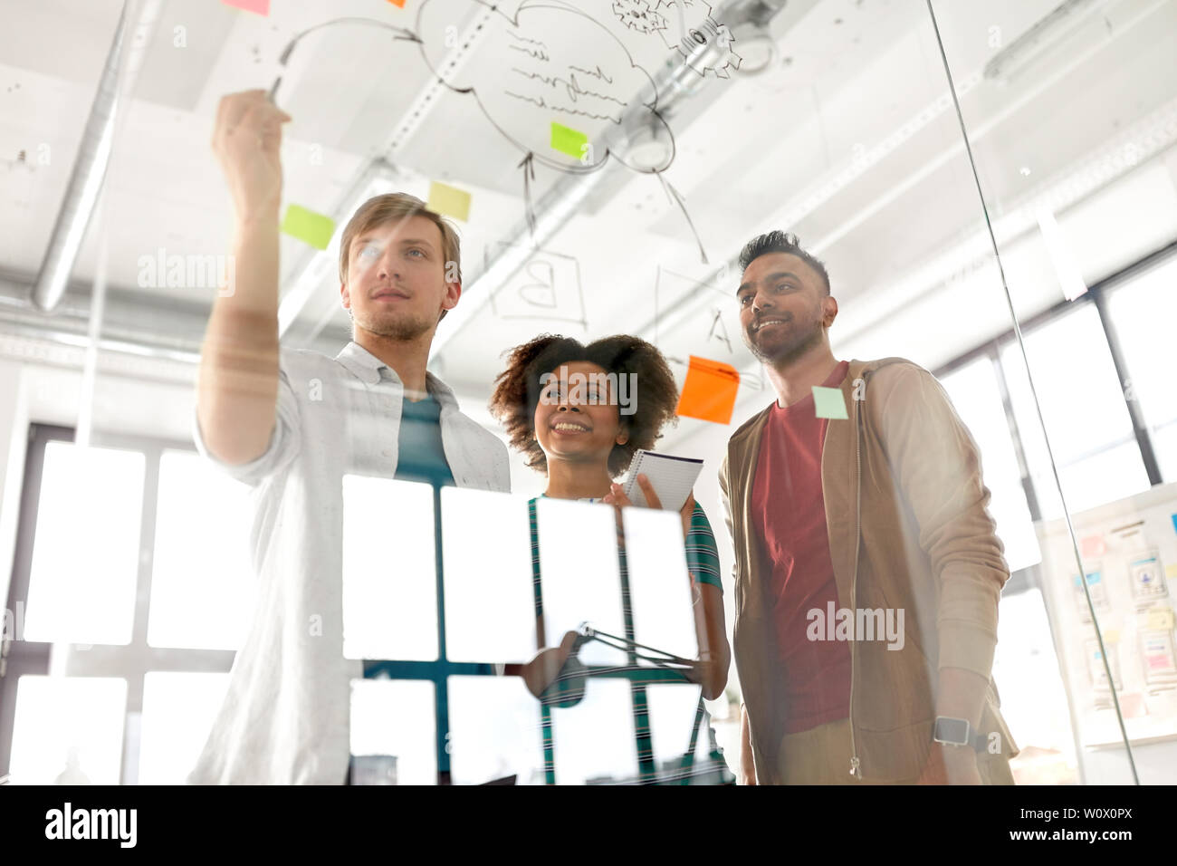 happy creative team at office glass board Stock Photo - Alamy