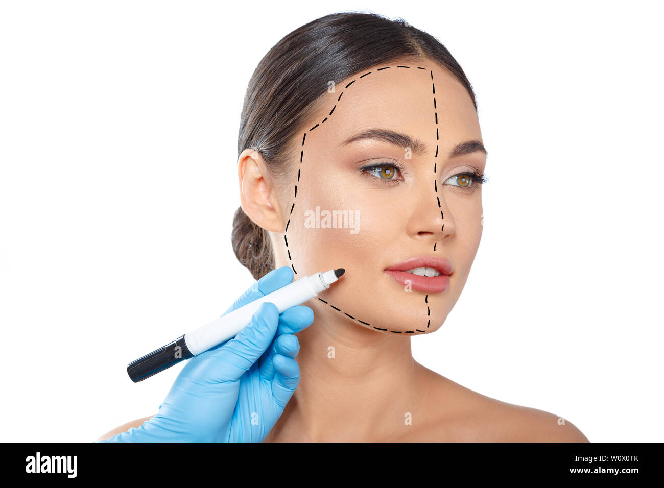 woman with dotted lines on face, cosmetology Stock Photo - Alamy