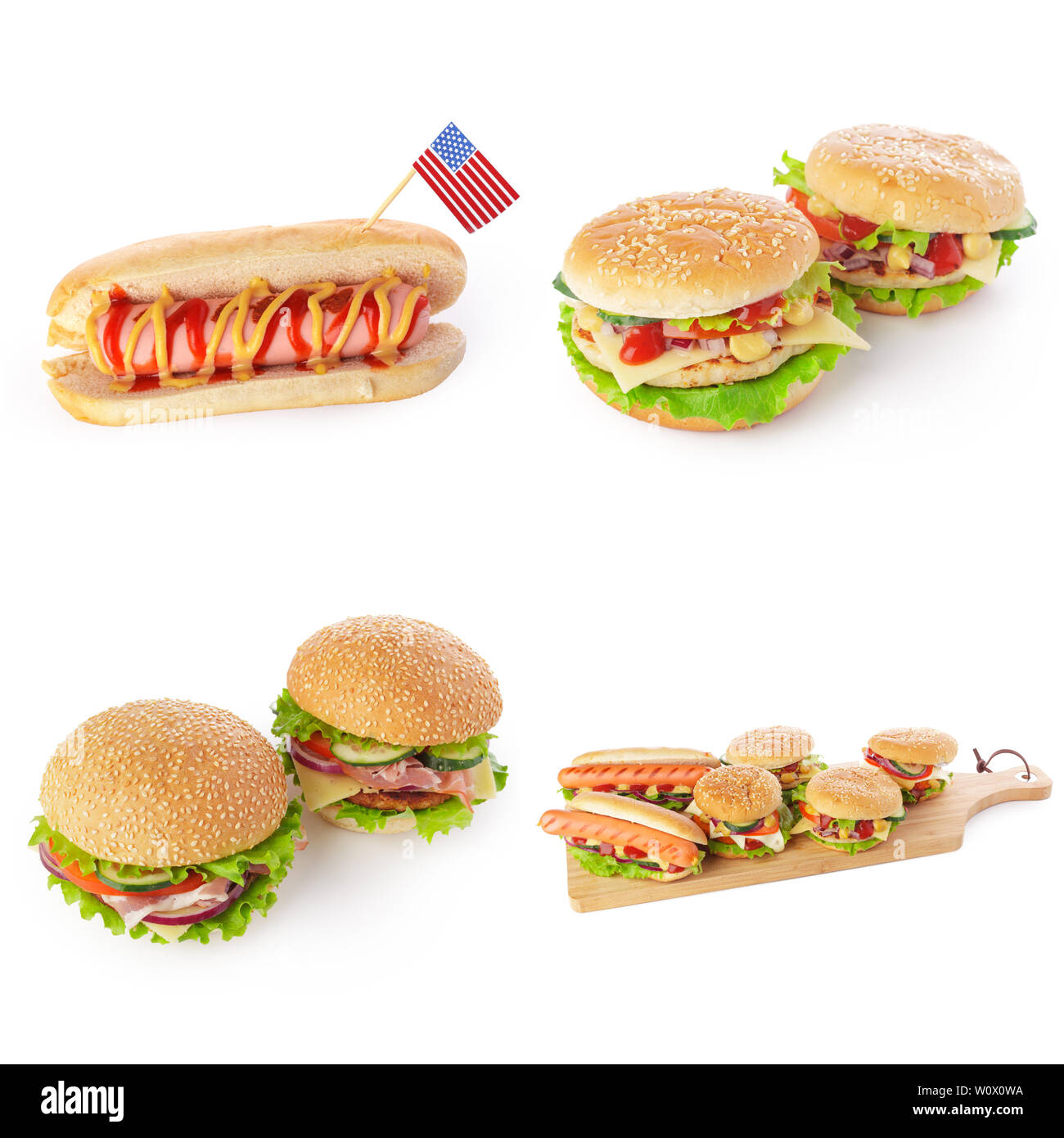 Junk fast food collage of burgers, sandwiches and hot-dogs isolated on ...