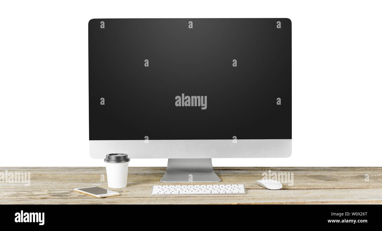 Computer Monitor Black Screen With Keyboard On White Table Education