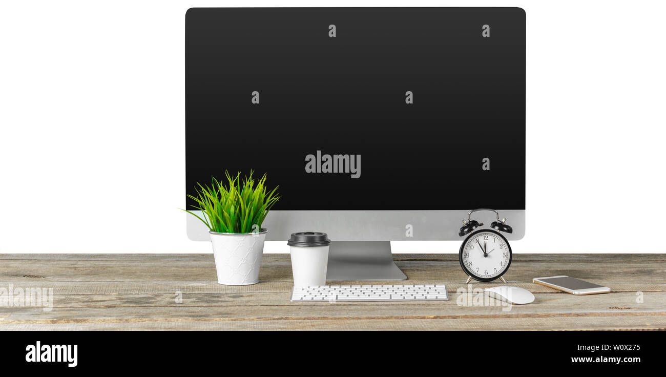 Computer Monitor Black Screen With Keyboard On White Table Education