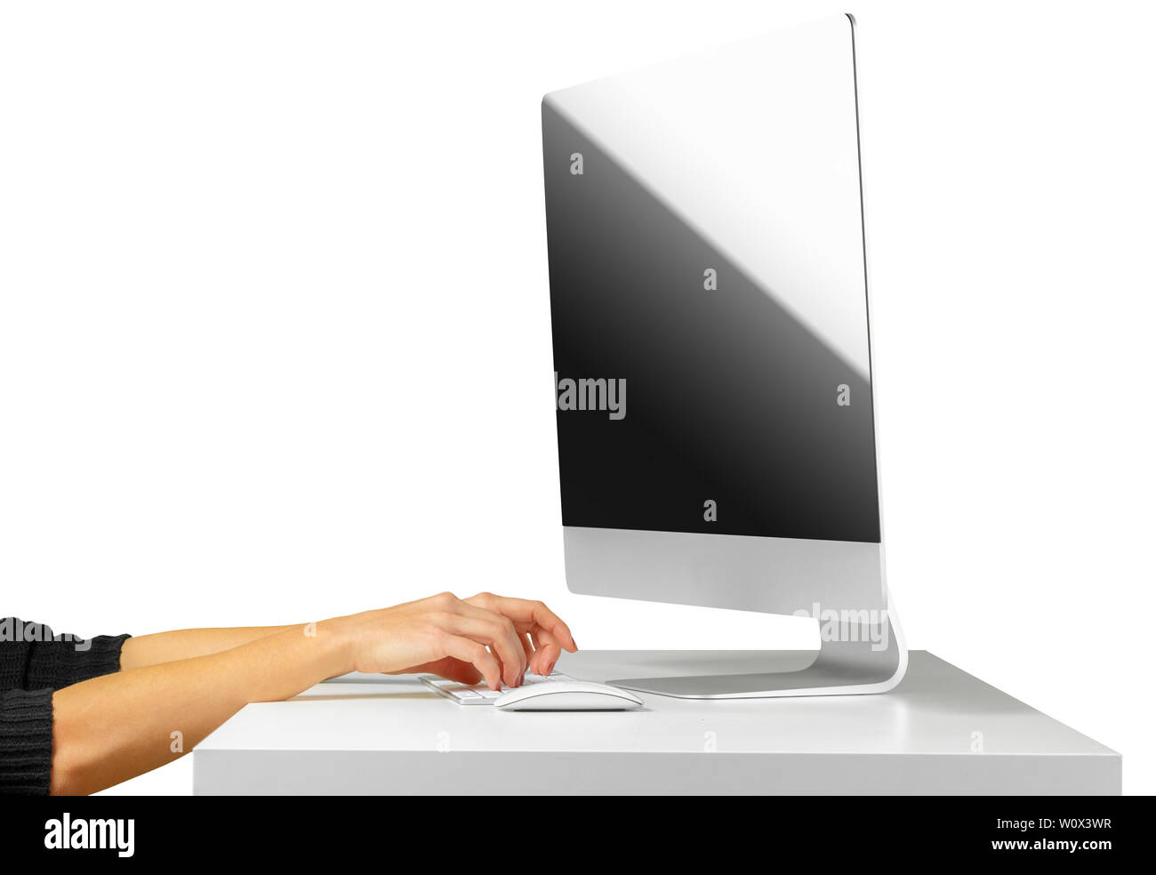 Woman hands working with computer keyboard isolated on white background ...