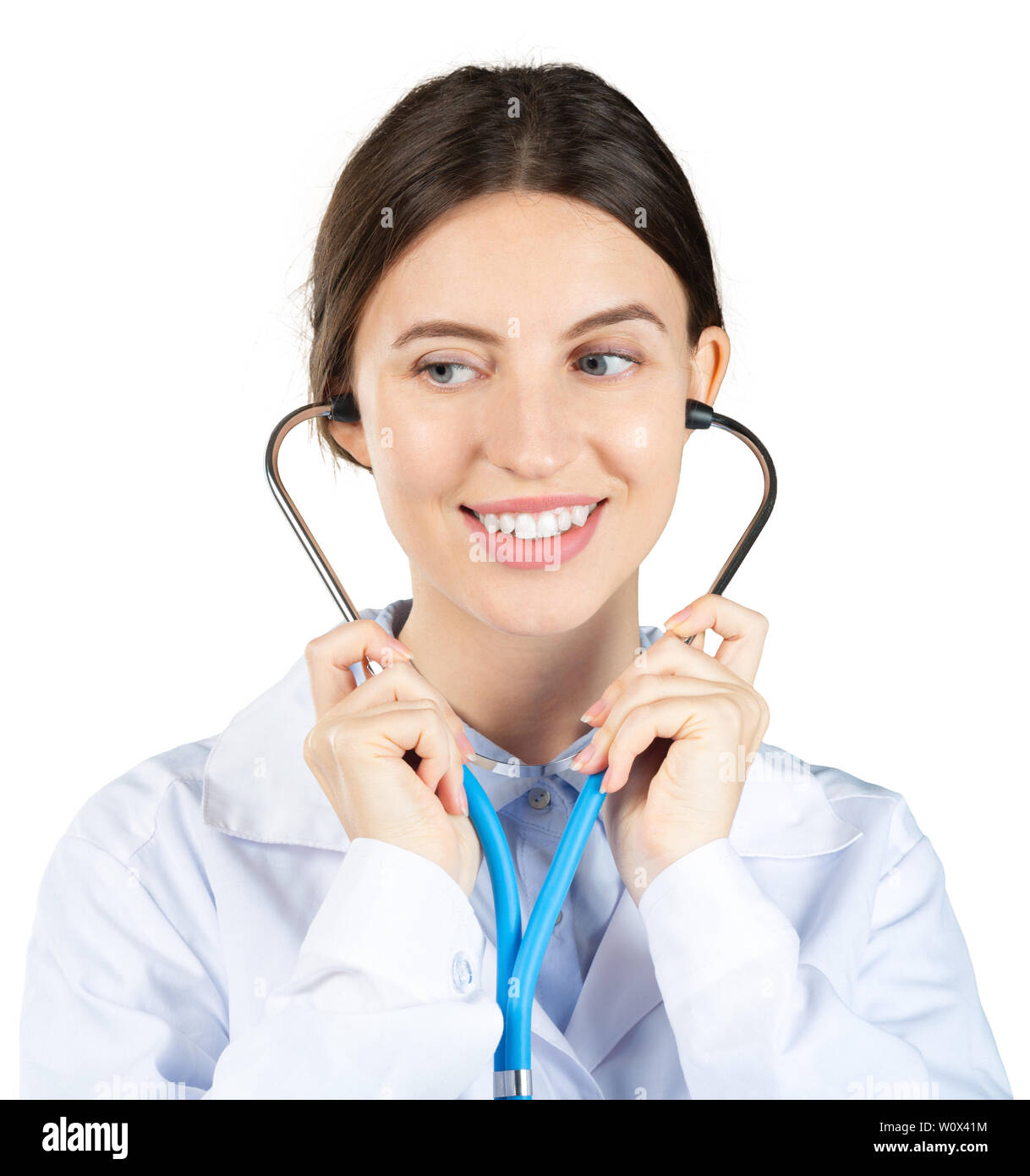 Portrait of a friendly female doctor isolated on white Stock Photo - Alamy