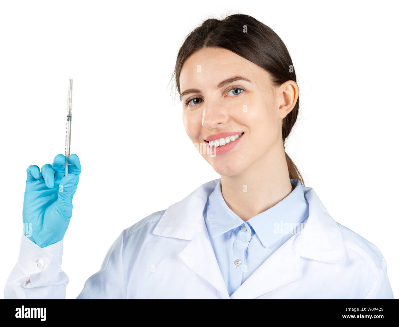 Young woman doctor making presentation of a medicine isolated on white ...