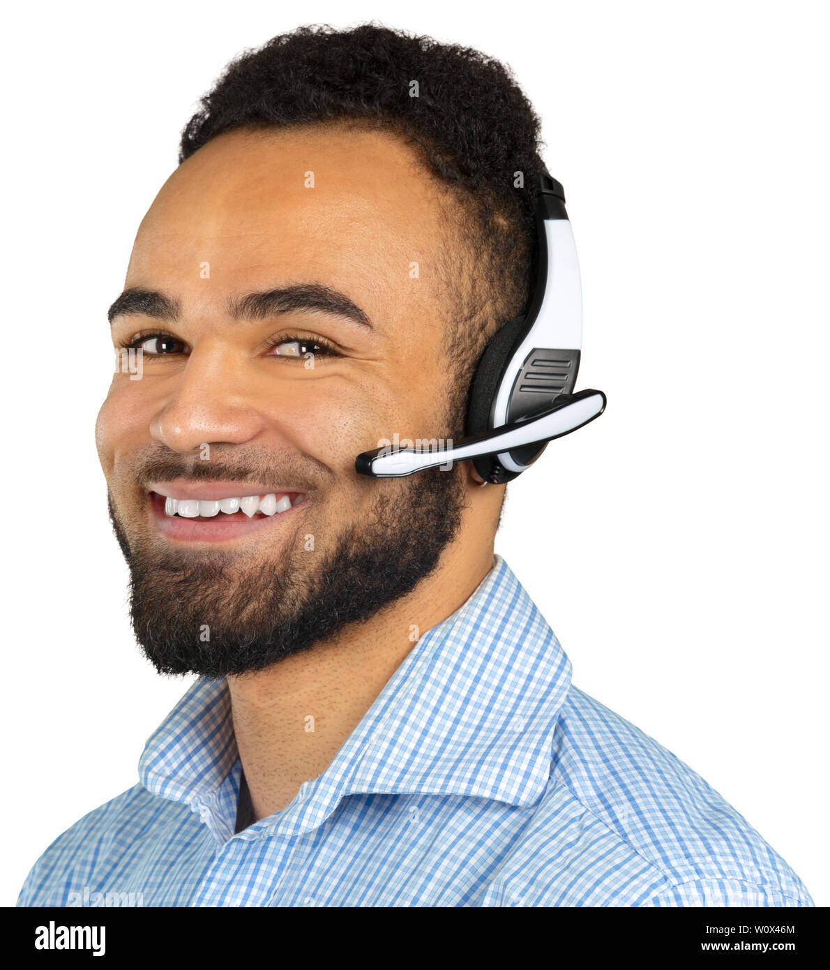 African American man in headsets isolated white background Stock Photo ...