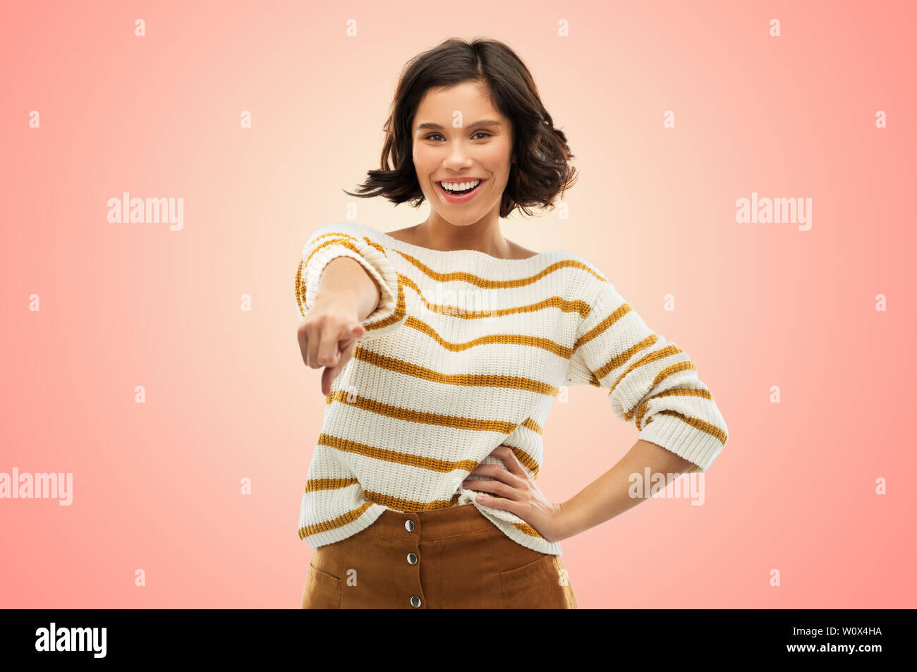 happy smiling woman pointing finger to you Stock Photo - Alamy
