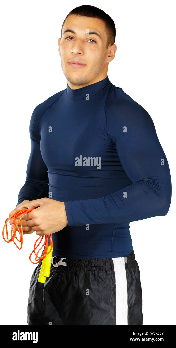 Fit man with a jumping rope isolated on white background Stock Photo ...