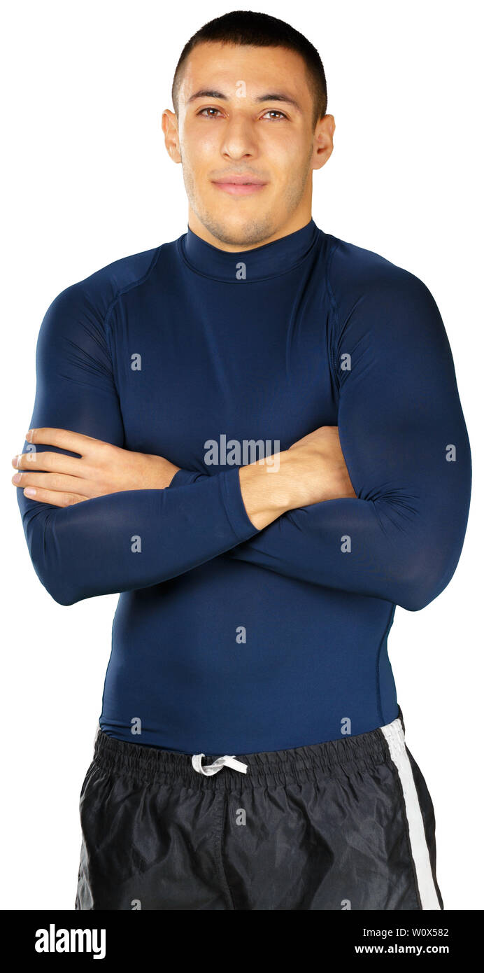 Friendly nice man in a sporty outfit isolated on white background Stock ...