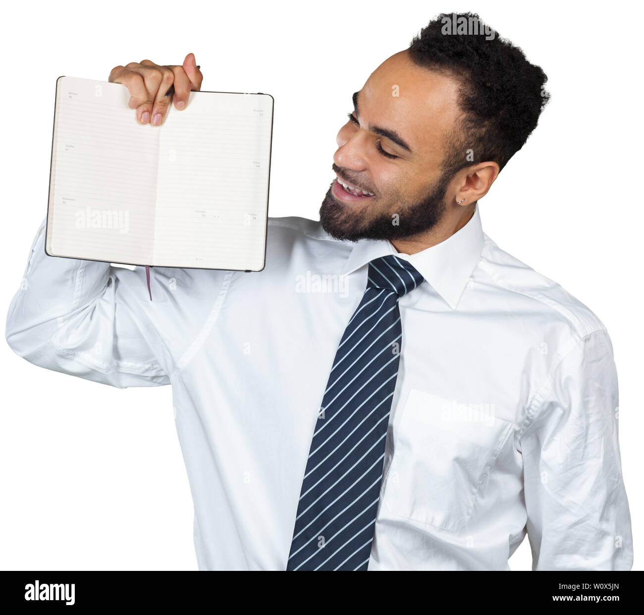 Black man businessman holding his notepad isolated on white background ...
