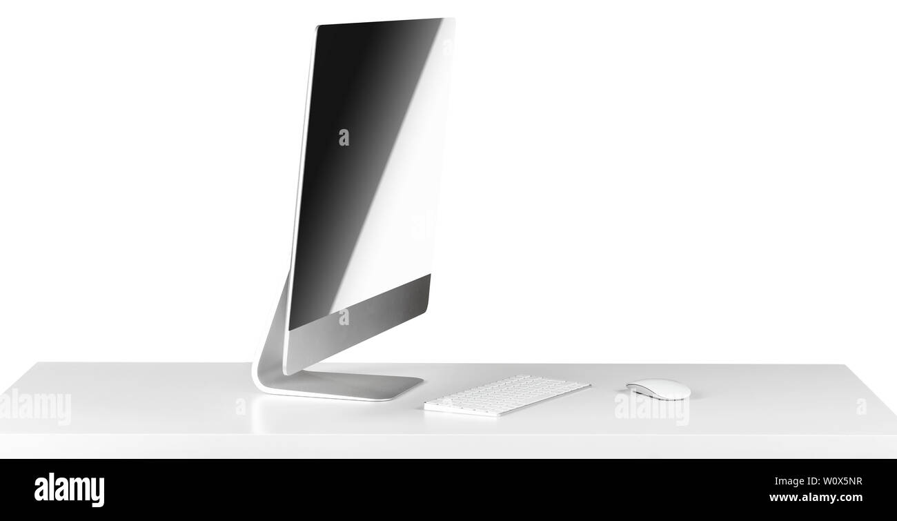 Computer Monitor Black Screen With Keyboard On White Table Education