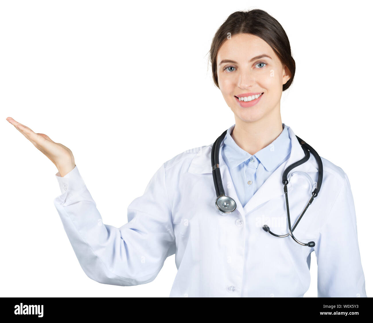 Young woman doctor making presentation isolated on white background ...