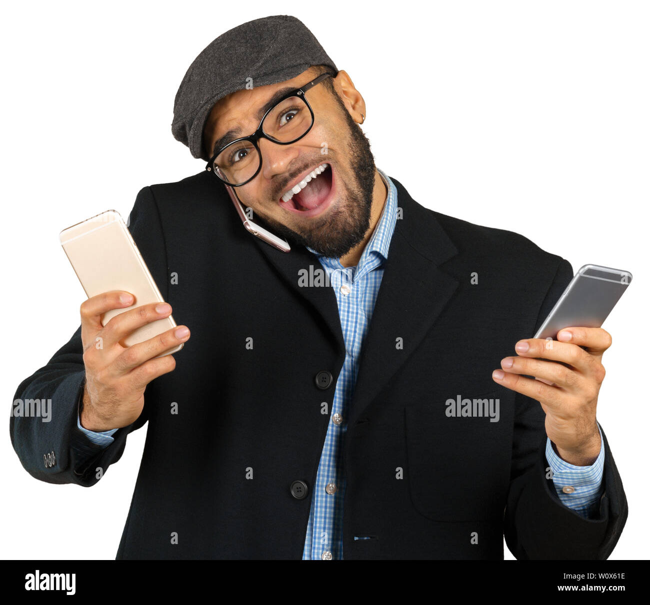 Busy black businessman talking several phones same time Stock Photo - Alamy