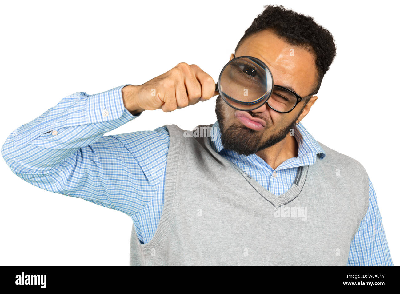 Multicultural man geek expressing frustration and anxiety isolated on ...