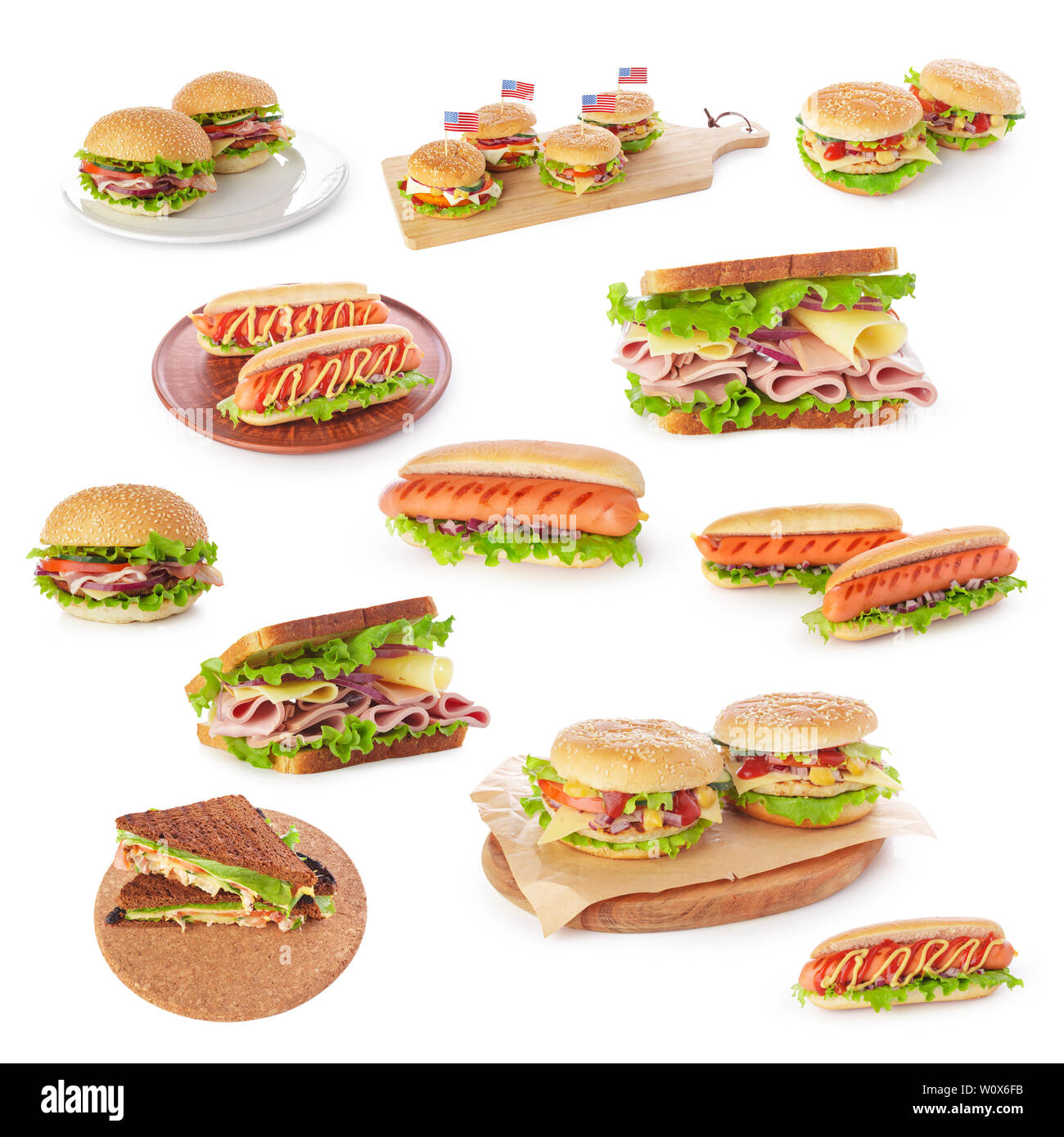 Junk fast food collage of burgers, sandwiches and hot-dogs isolated on ...