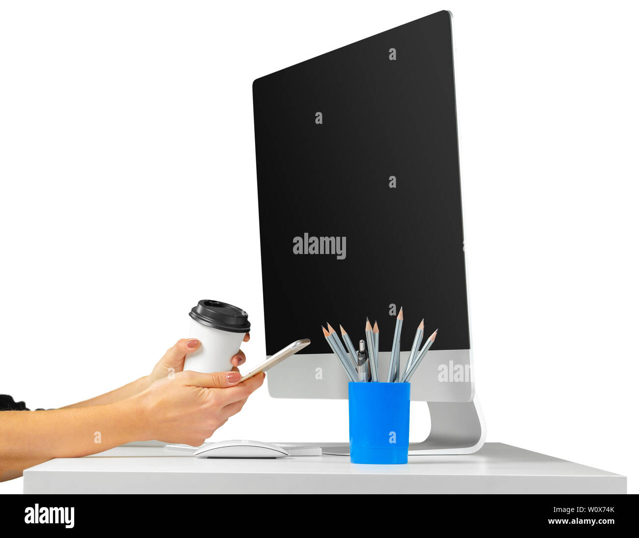 Woman hands working with computer keyboard isolated on white background ...