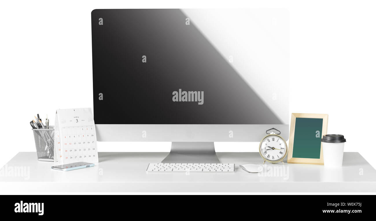 Computer Monitor Black Screen With Keyboard On White Table Education