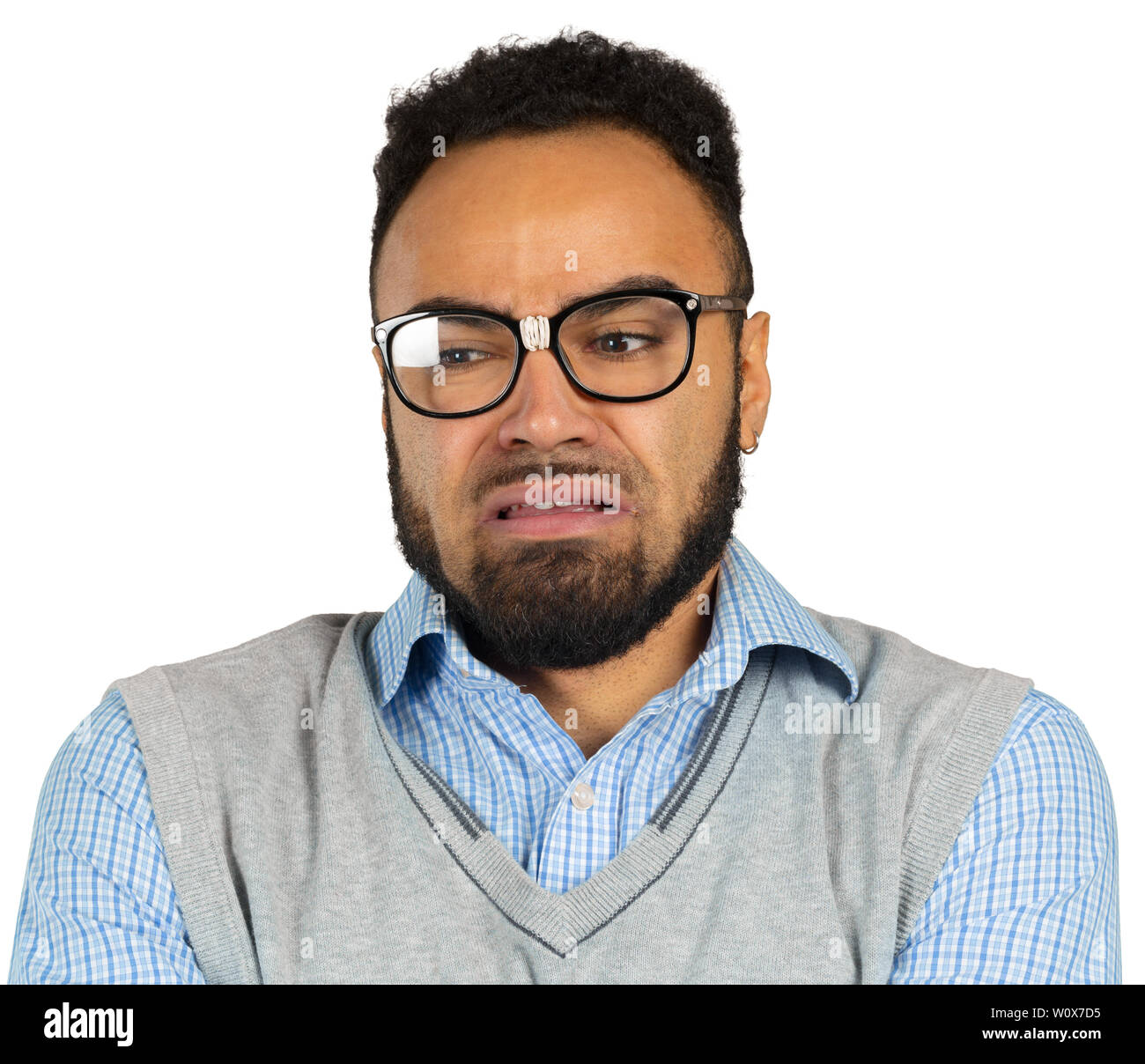 Multicultural man geek expressing frustration and anxiety isolated on ...