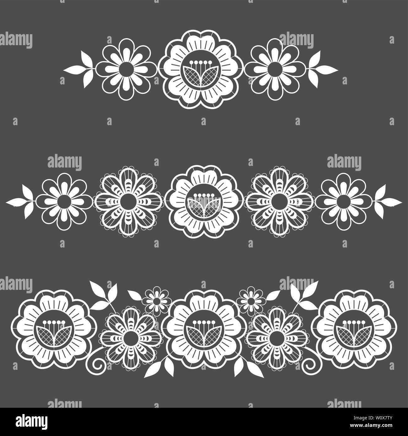 Lace vector long horizontal pattern set, design with flowers and swirls ...
