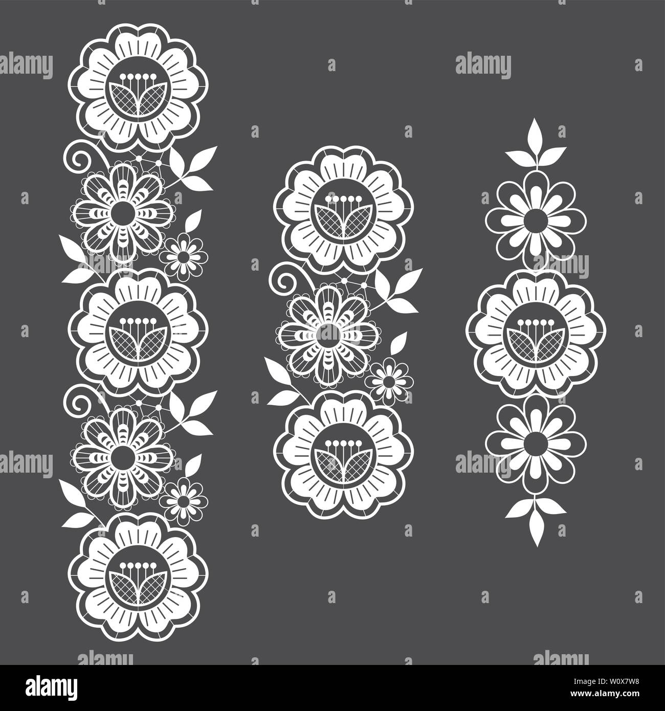 Lace vector long pattern set, vertival design with flowers and swirls ...