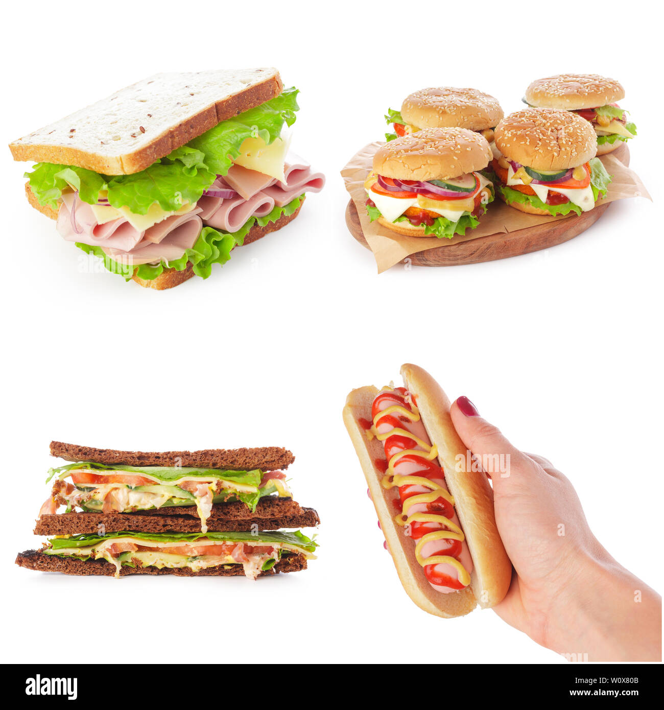 Junk fast food collage of burgers, sandwiches and hot-dogs isolated on ...