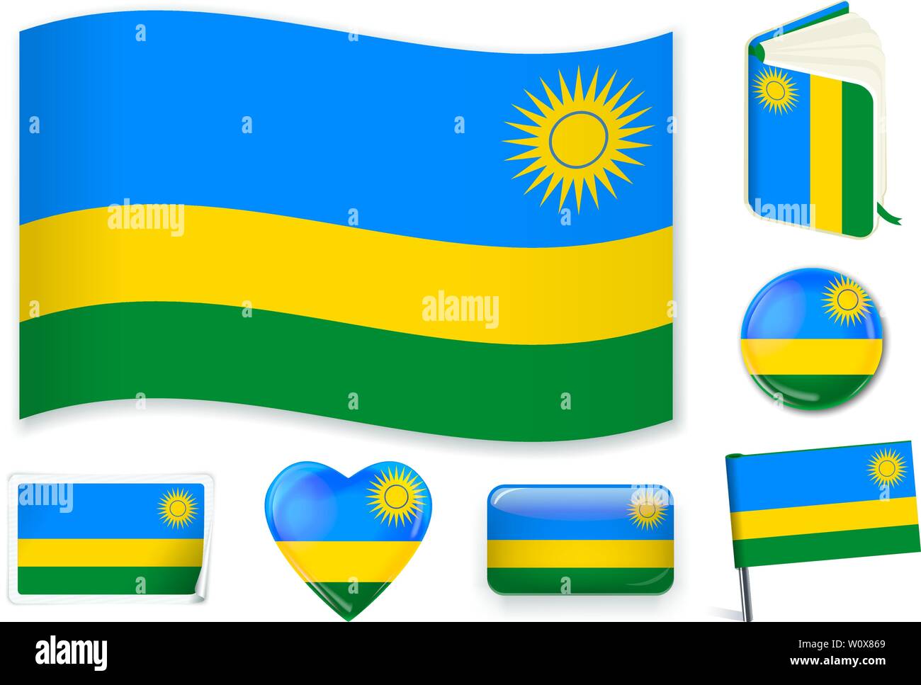 Rwanda national flag. Vector illustration. 3 layers. Shadows, flat flag ...