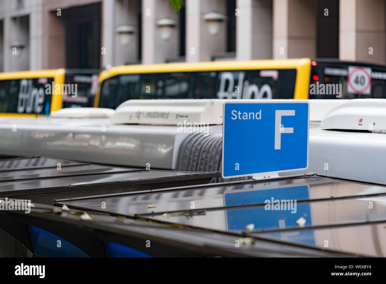 The tops of buses and a bus stop, Stand F at Wynyard in Sydney ...