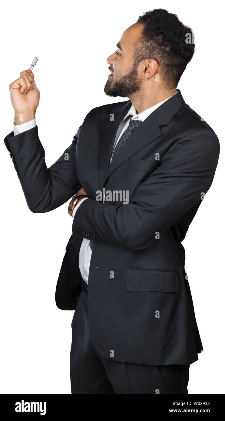 Black man businessman making presentation isolated on white background ...