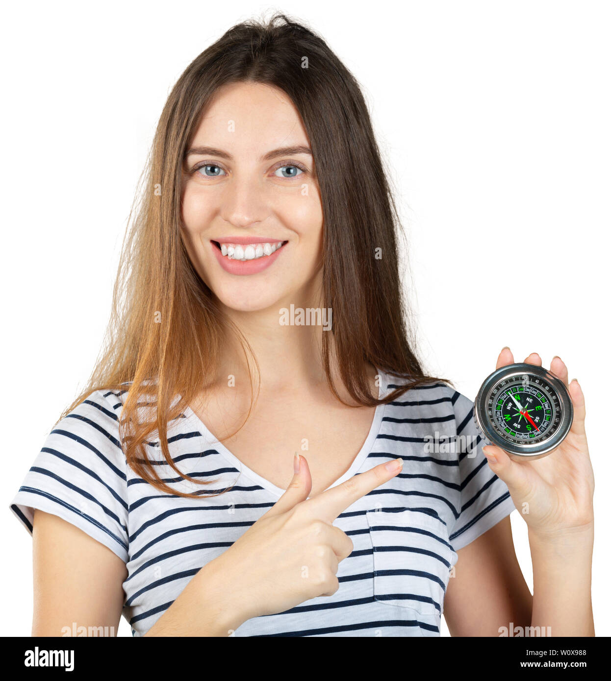 Young woman with a compass isolated on white background Stock Photo - Alamy