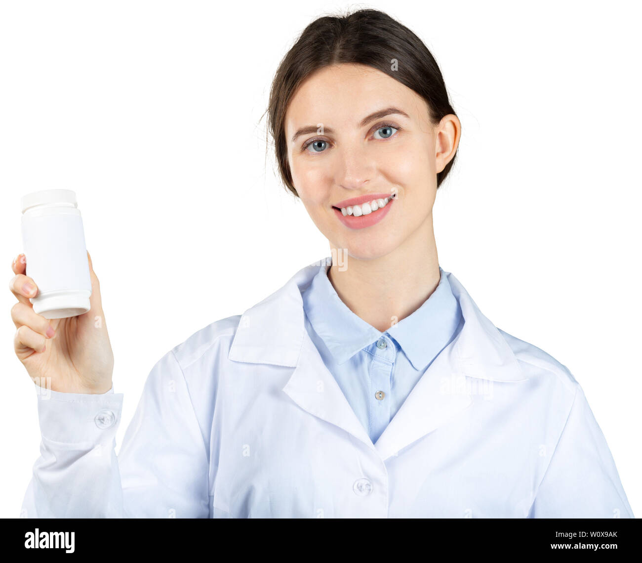 Young woman doctor making presentation of a medicine isolated on white ...