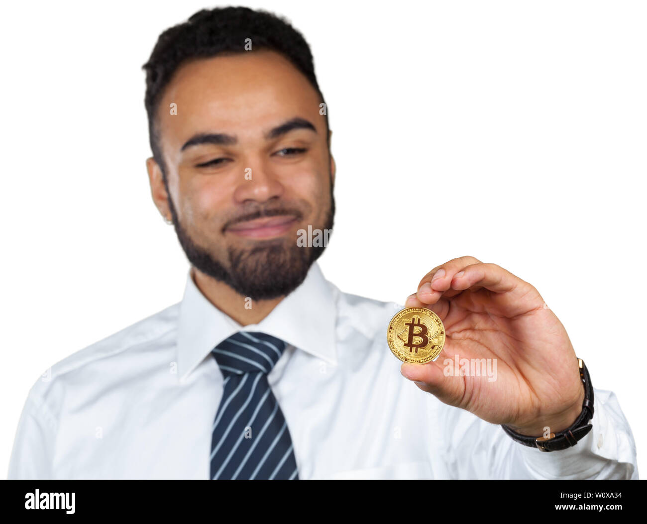 Black man businessman holding bitcoin isolated on white background ...