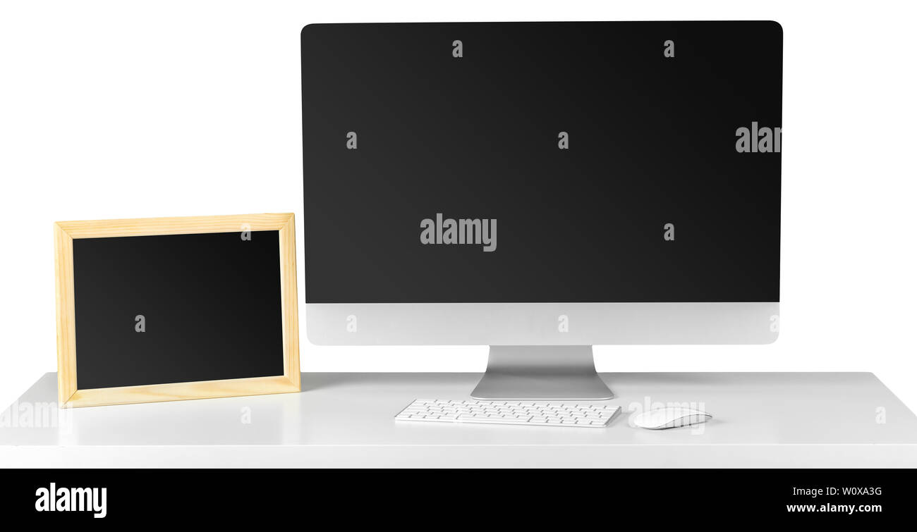 Computer Monitor Black Screen With Keyboard On White Table Education