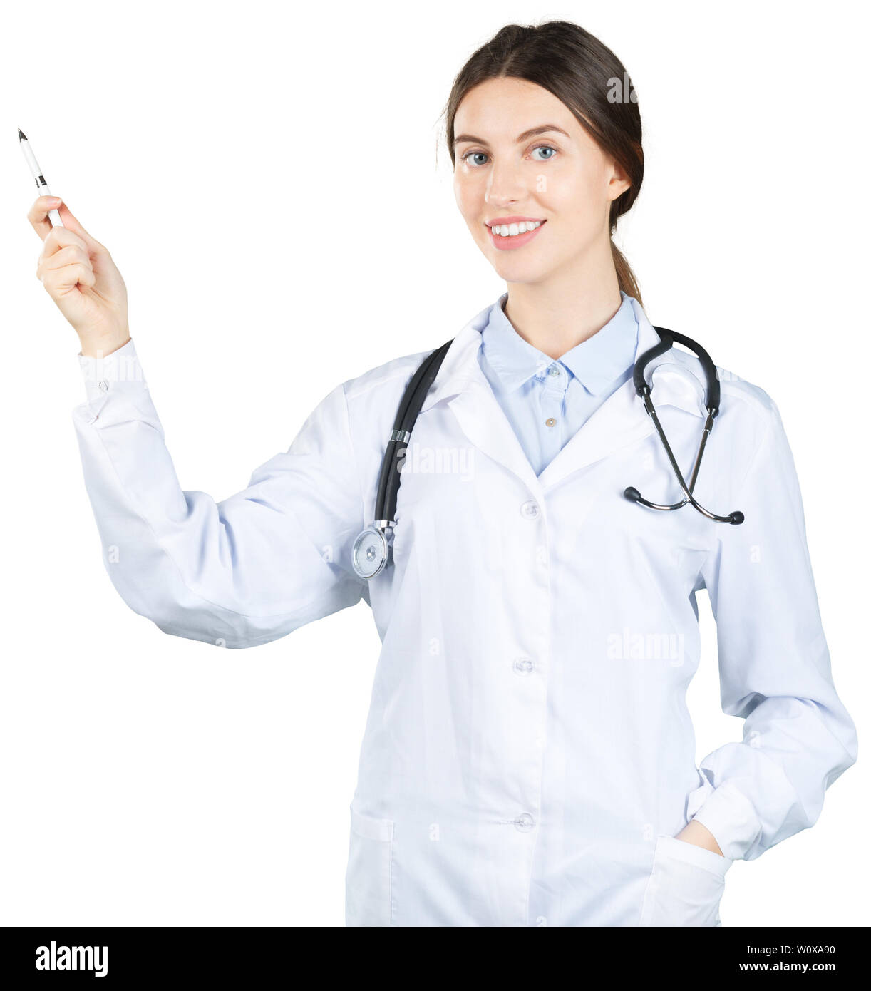 Young woman doctor making presentation isolated on white background ...