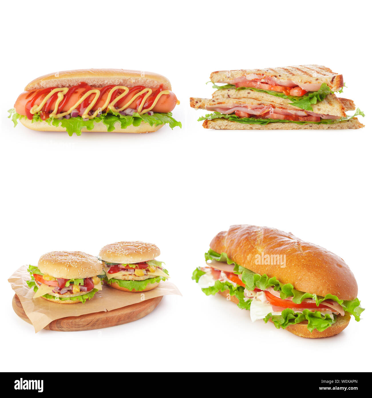 Junk fast food collage of burgers, sandwiches and hot-dogs isolated on ...