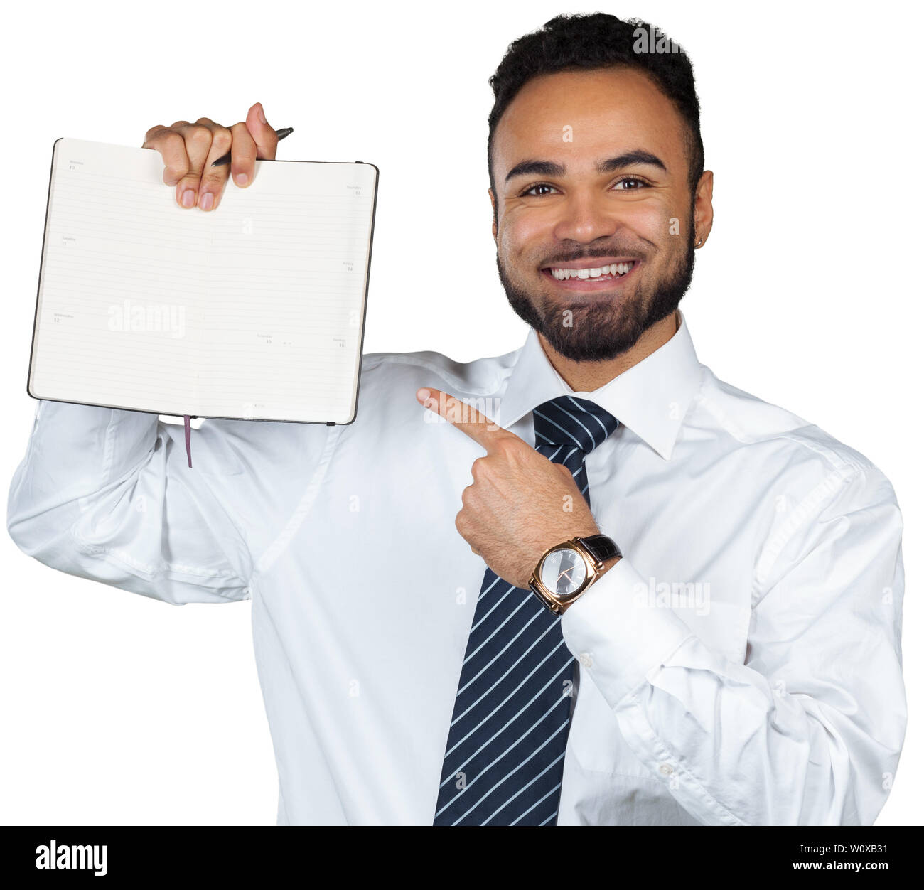 Black man businessman holding his notepad isolated on white background ...