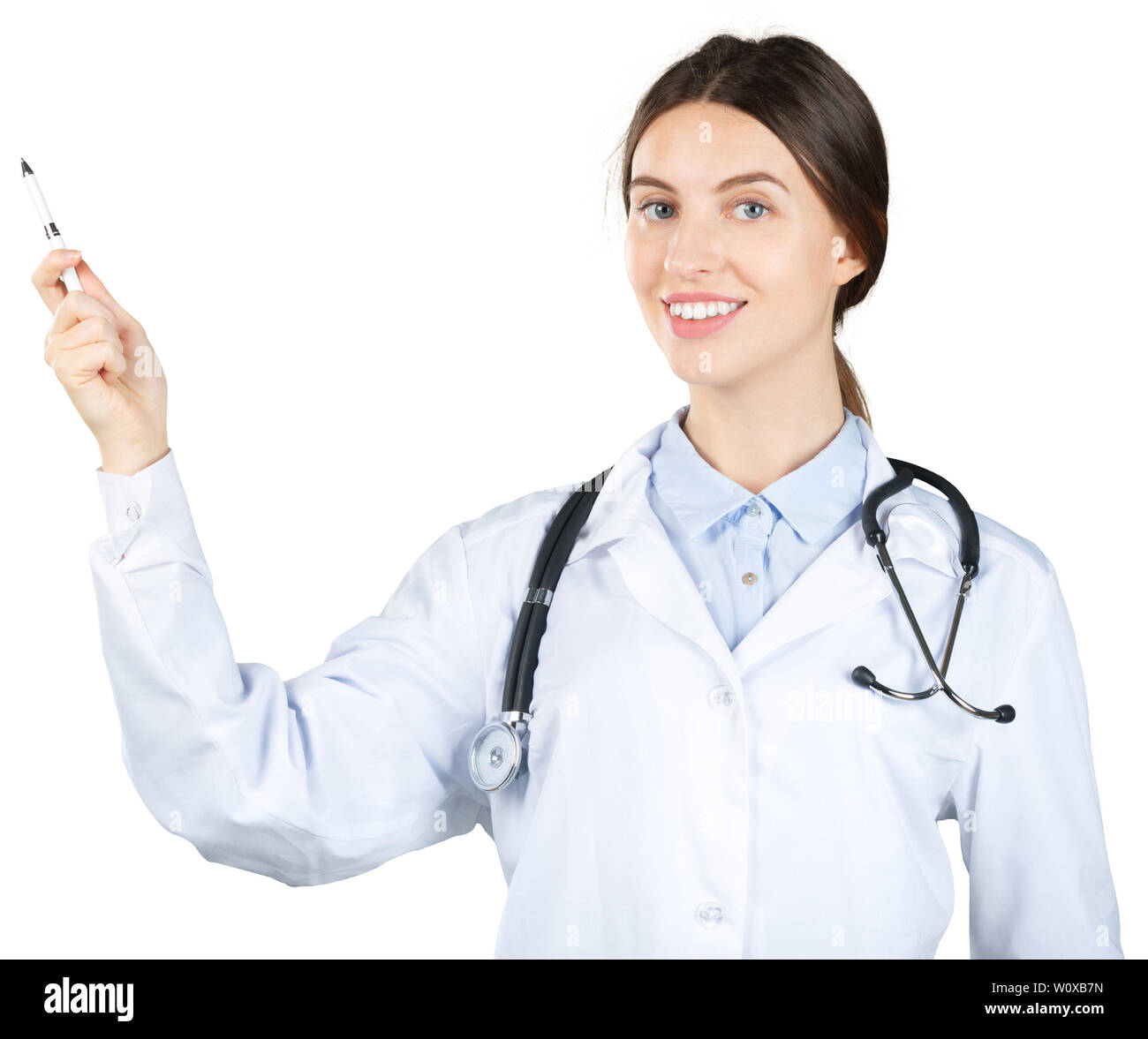 Young woman doctor making presentation isolated on white background ...