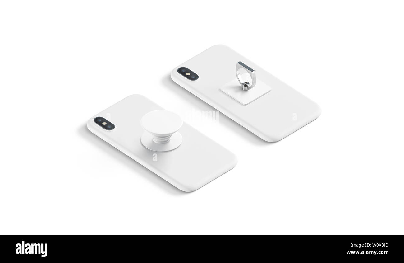 Blank white finger grip and pop socket on phone lying, isolated, side ...