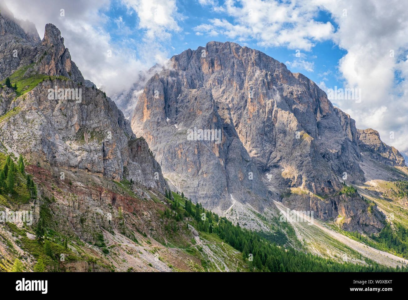 Beautiful mountain view in the dolomites with a hiking trail on the ...