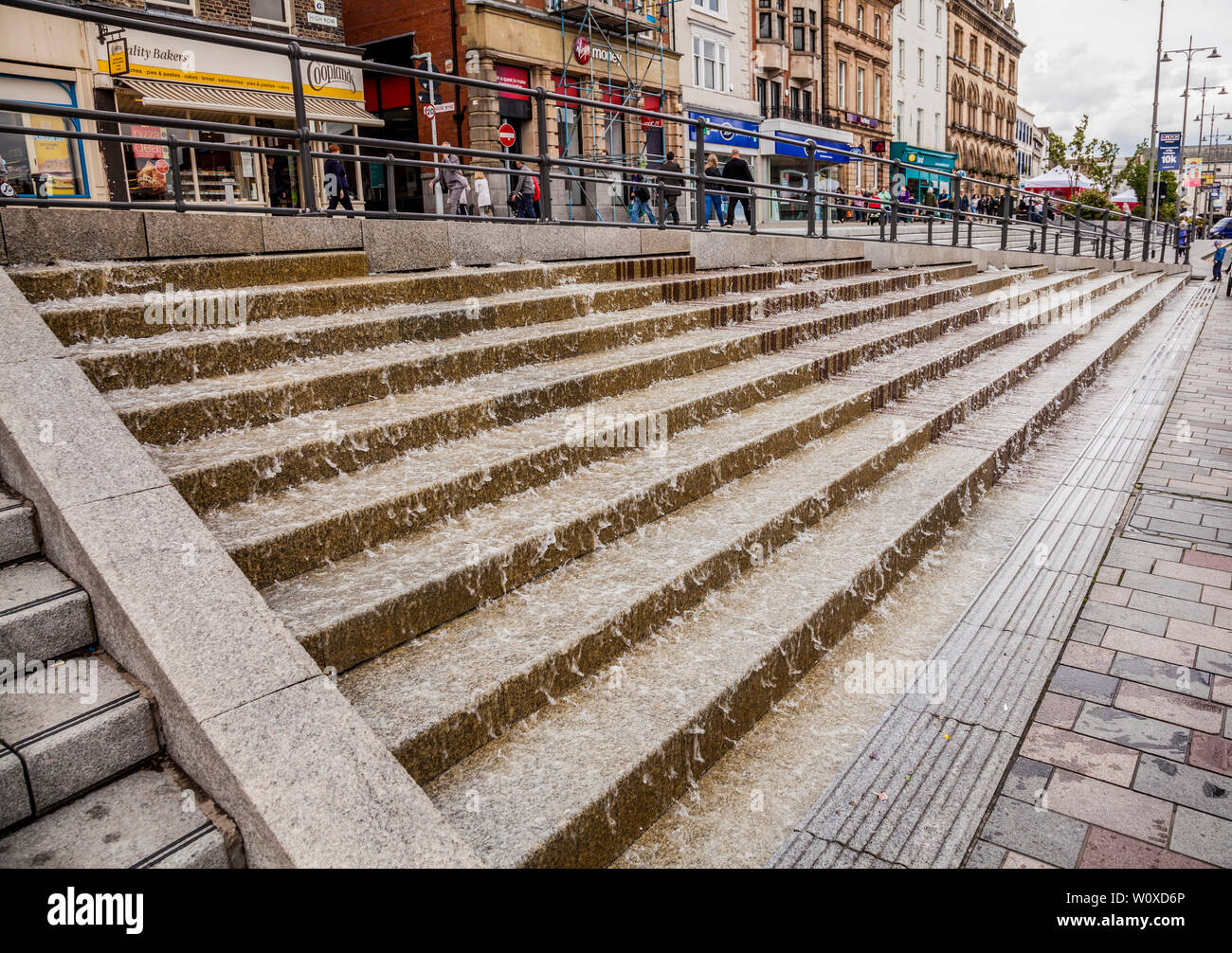 The water feature on the steps at High Row,Darlington,England,UK Stock ...
