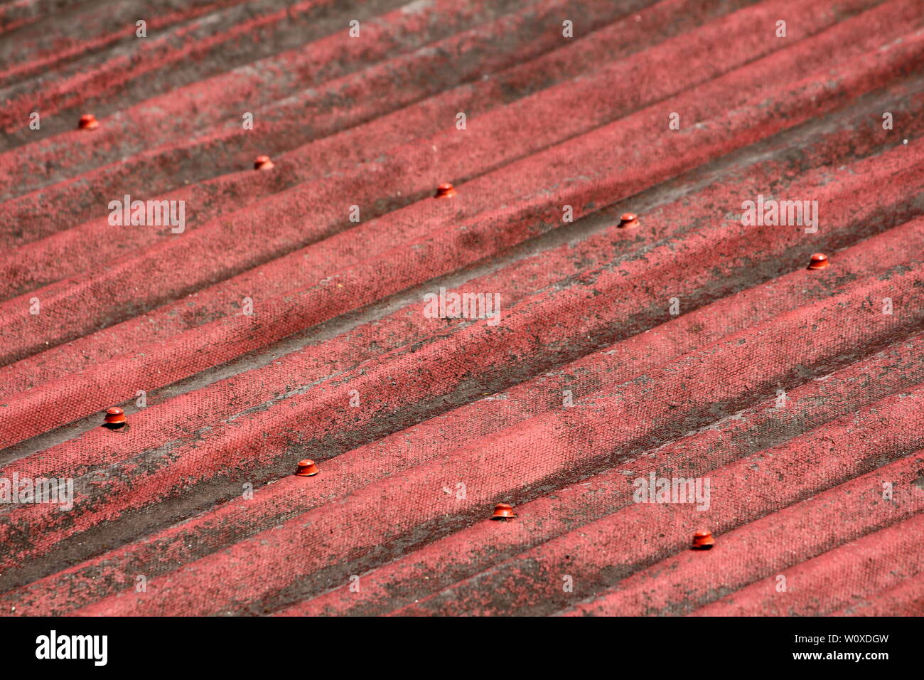 Large dilapidated dark red roof tiles with faded color texture ...