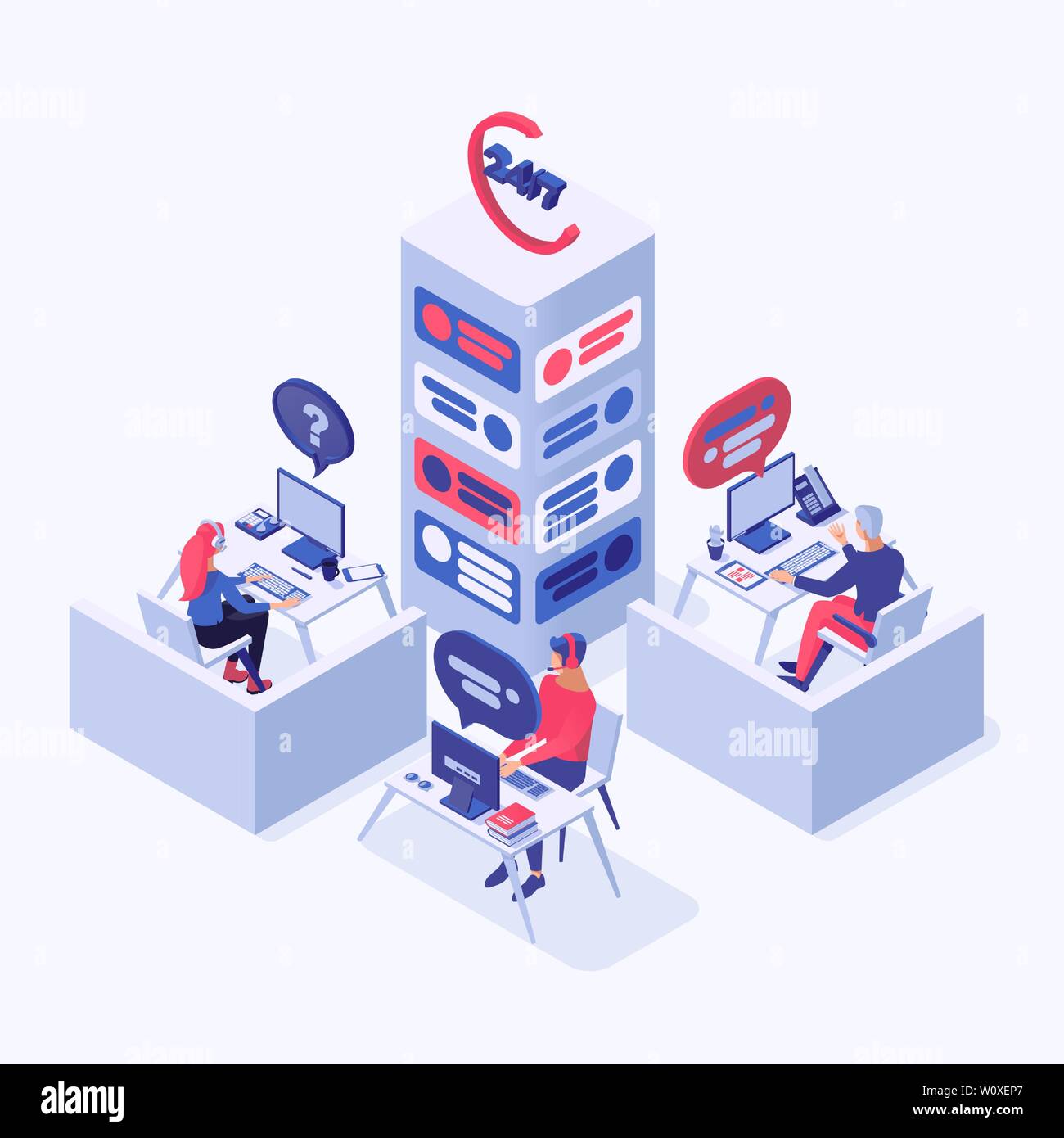 C customer service vector isometric illustration. Call center, online support, hotline operators ...
