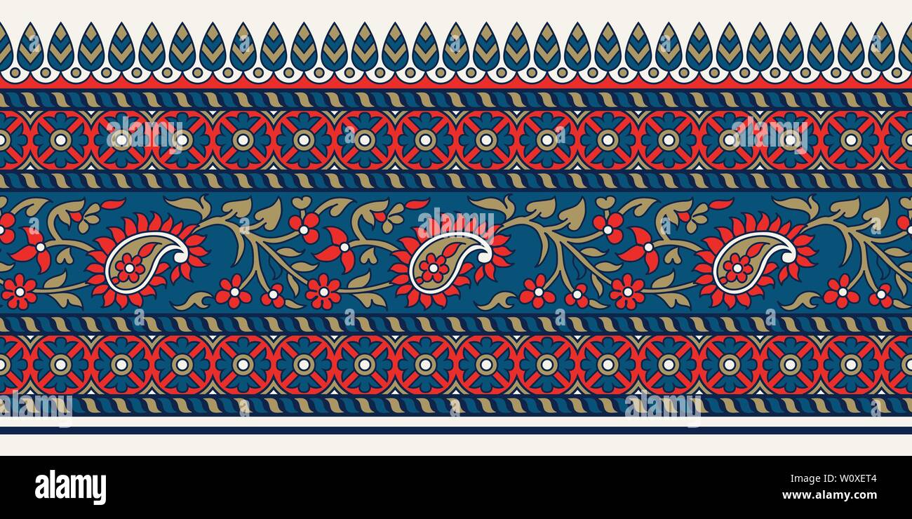 Woodblock printed indigo dye seamless ethnic floral border. Traditional ...
